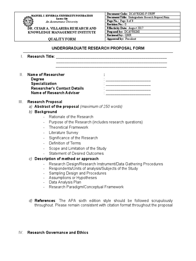 Quality Form: Proposal Abstract of The Proposal (Maximum of 250 Words ...