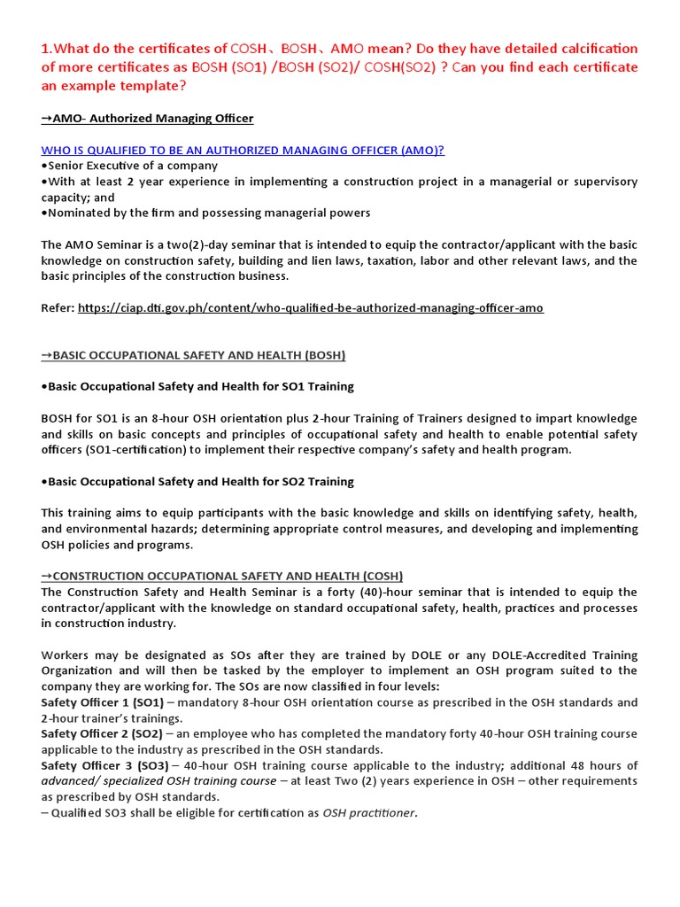 Understanding AMO, BOSH, and COSH Certifications | PDF | Occupational ...