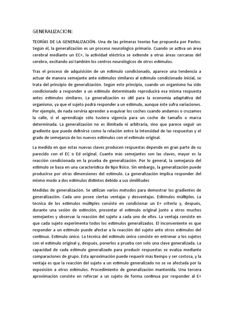 GENERALIZACION | PDF | Aprendizaje | Evaluación neuropsicológica