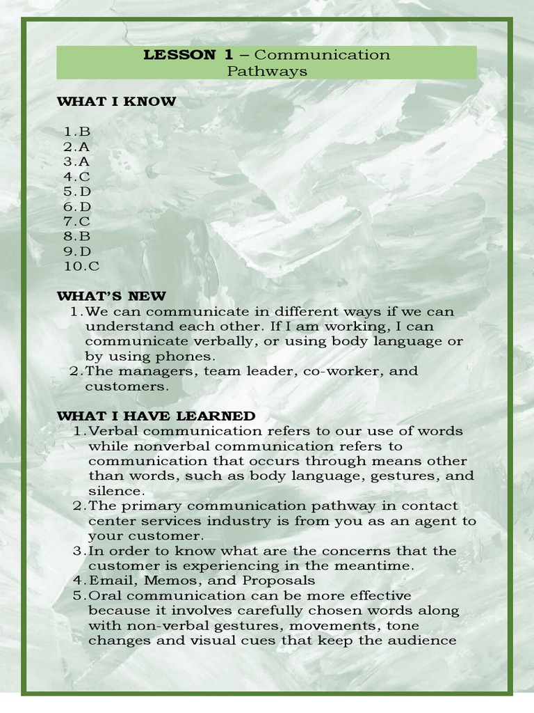 LESSON 1 - Communication: Pathways | PDF | Communication | Nonverbal ...