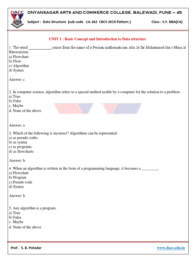 BBACA 2019 Pat. SEM III CA 302 Data Structure MCQ | PDF | Pointer (Computer Programming) | C ...