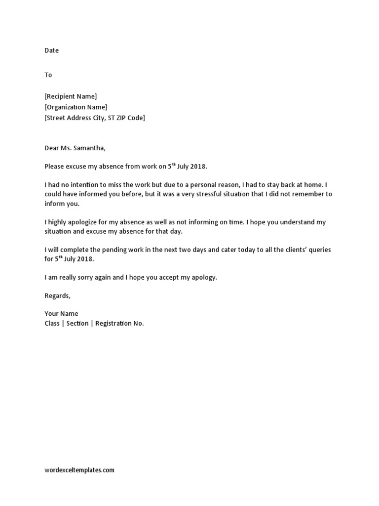 Excuse Letter For Being Absent From Work Due To Personal Reason | PDF