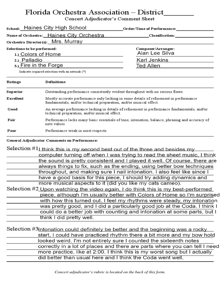 Florida Orchestra Adjudicator's Comment Sheet | PDF | Pitch (Music ...