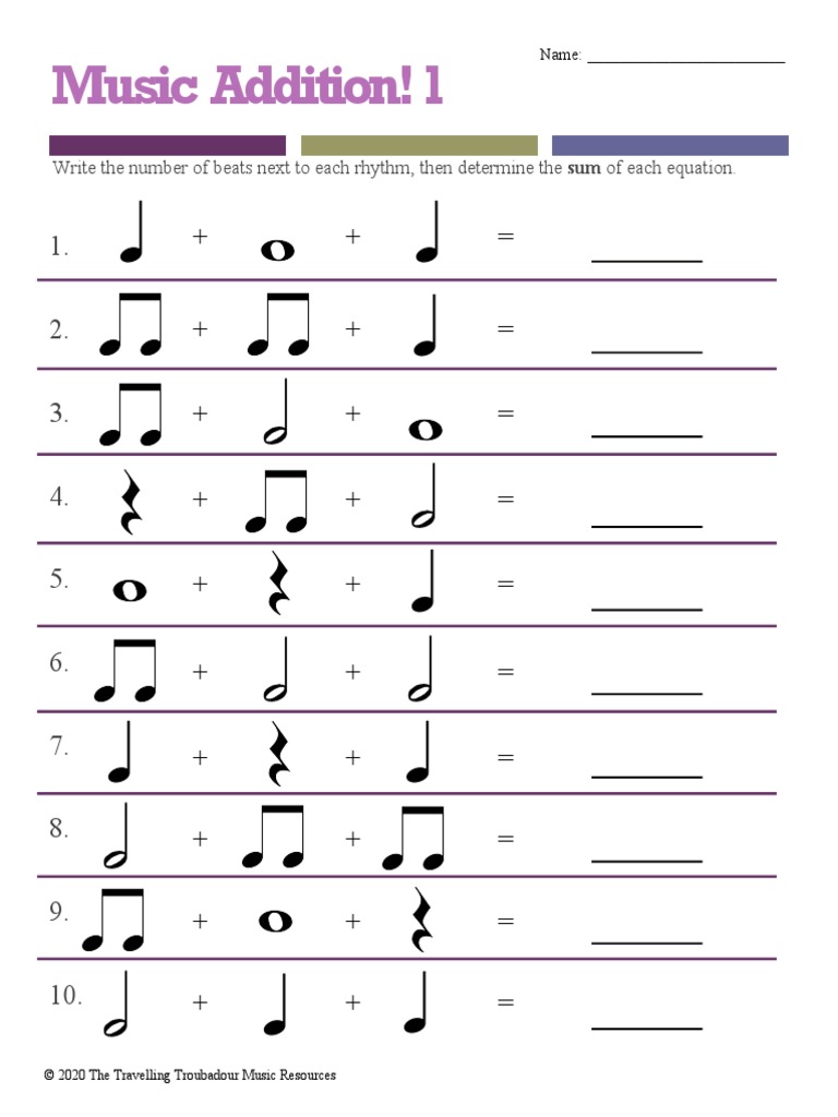 Music Addition! 1: Write The Number of Beats Next To Each Rhythm, Then ...