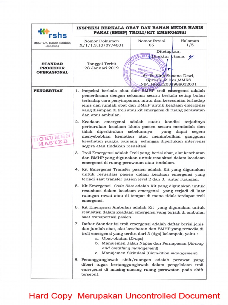 Inspeksi Berkala Obat Dan Bahan Medis Habis Pakai (BMHP) Troli Kit ...