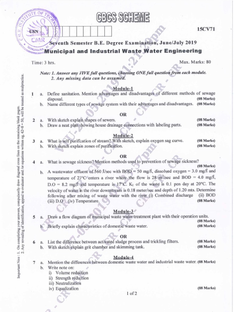 VTU Question Paper of 15CV71 Muncipal and Industrial Waste Water ...