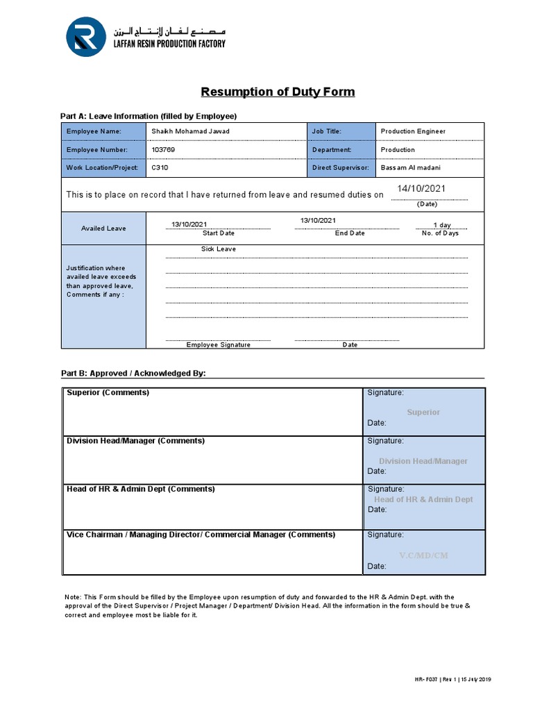 Resumption of Duty Form: This Is To Place On Record That I Have ...