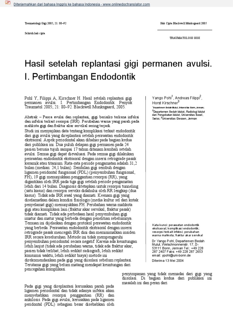 Hasil Replantasi Gigi Avulsi Setelah Perawatan Endodontik Ekstraoral | PDF