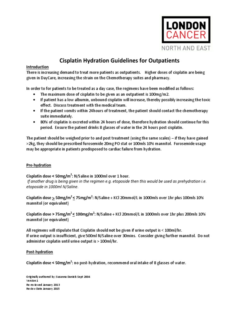 London Cancer Cisplatin Hydration Guideline v1 | PDF | Chemistry | Dose ...