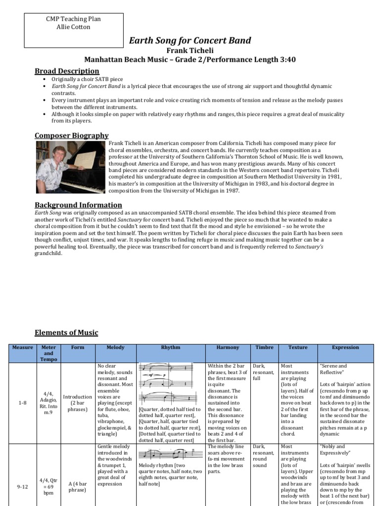 Earth Song For Concert Band: Frank Ticheli Manhattan Beach Music ...