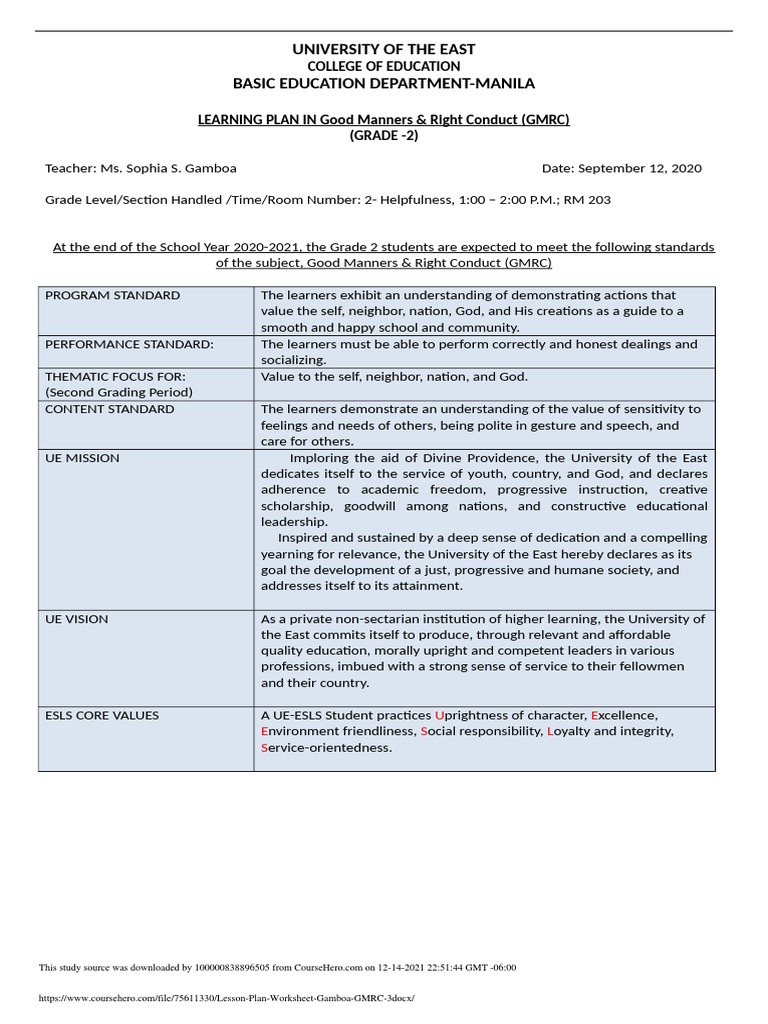 Grade 2 GMRC Learning Plan | PDF | Learning | University