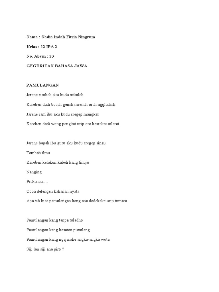 Nama: Nadia Indah Fitria Ningrum Kelas: 12 IPA 2 No. Absen: 23 ...