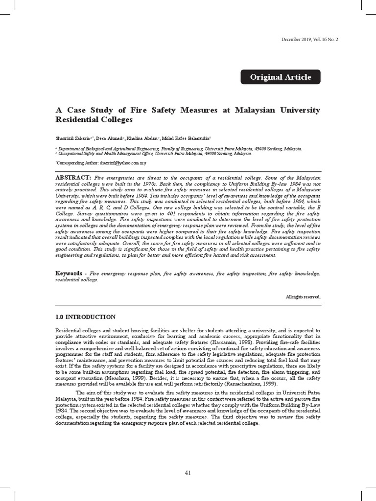A Case Study of Fire Safety Measures at Malaysian University ...