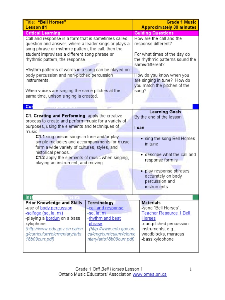Grade 1 ORFF Bell Horses Lesson 1 | PDF | Rhythm | Singing