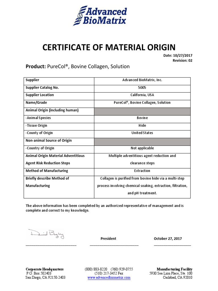 Certificate of Material Origin: Product: Purecol®, Bovine Collagen ...