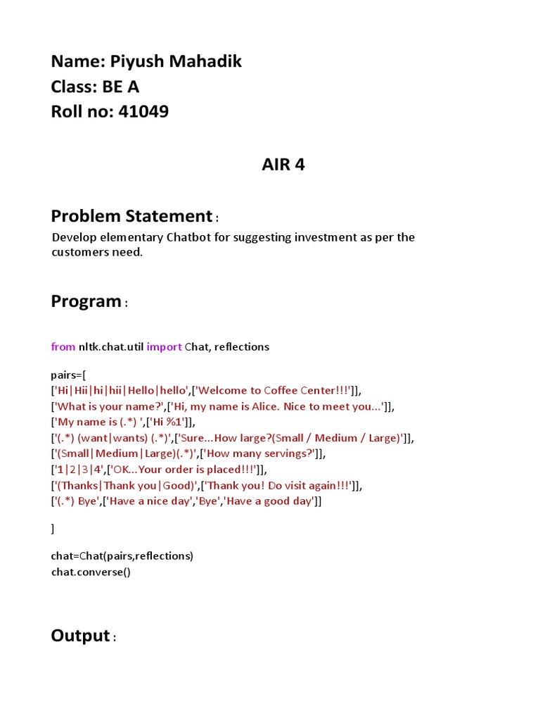 Name: Piyush Mahadik Class: BE A Roll No: 41049 Air 4 Problem Statement | PDF | Career & Growth