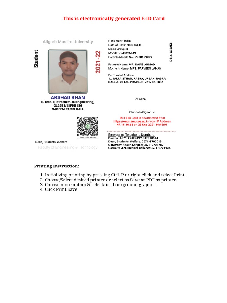 This Is Electronically Generated E-ID Card: Arshad Khan | PDF