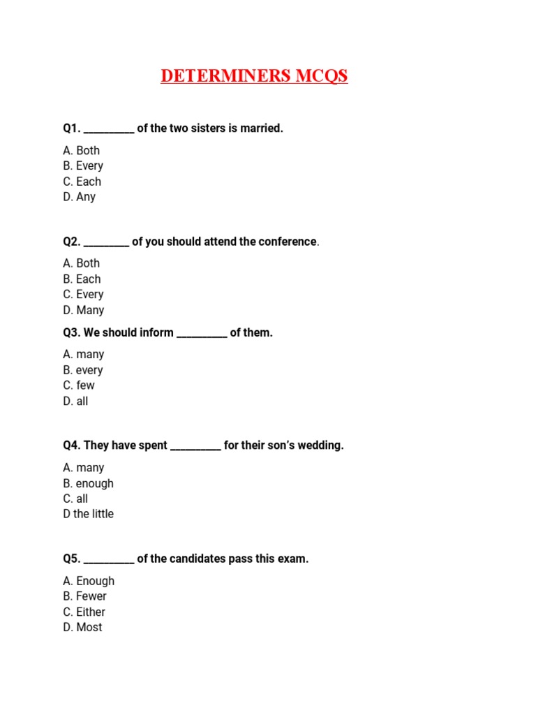 DETERMINERS MCQs | PDF