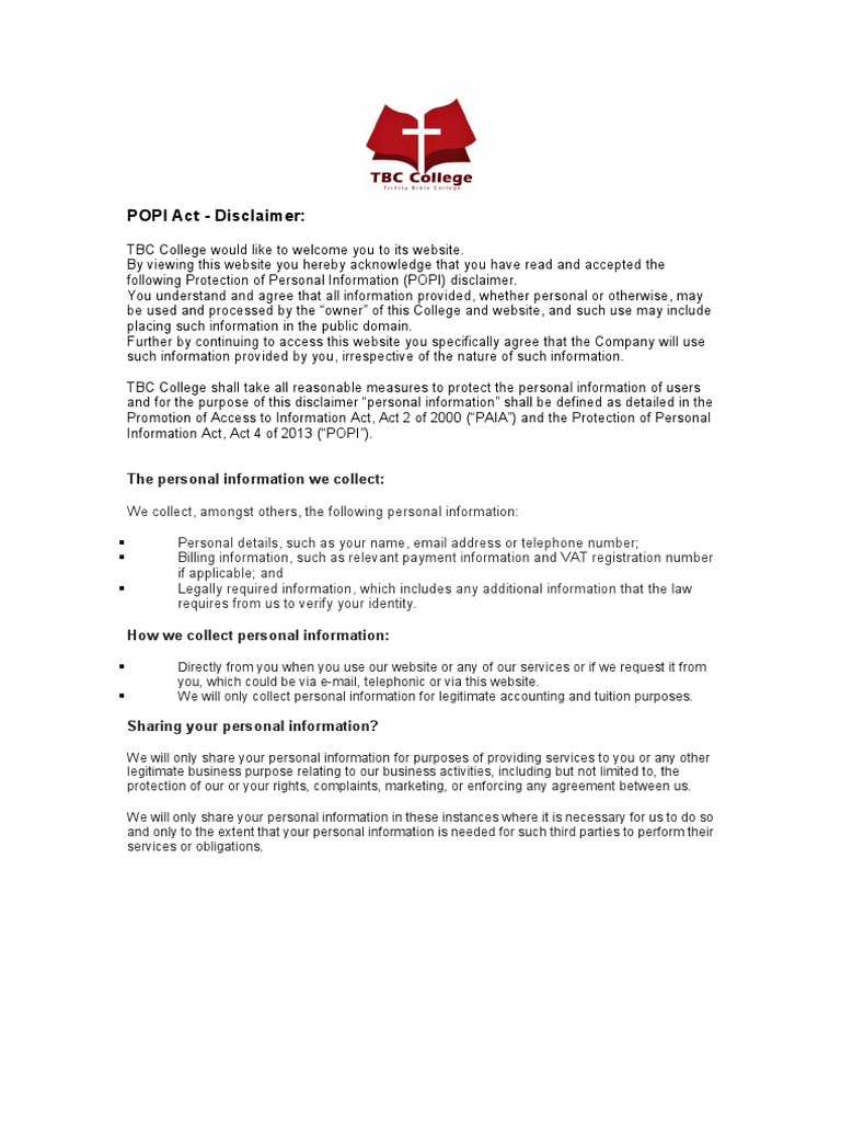 TBC Website Popi Disclaimer | PDF | Social Science | Law