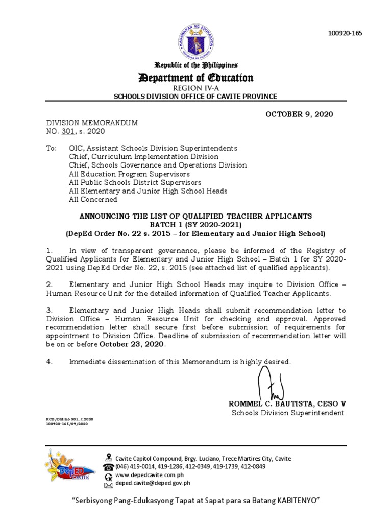 Rqa - Batch 1 Sy 2020 2021 - Do 22 - Memo - Elem JHS 1 | PDF | Social ...