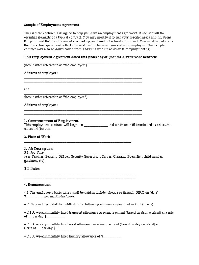 Employment Agreement Sample Template | PDF | Parental Leave | Sick Leave