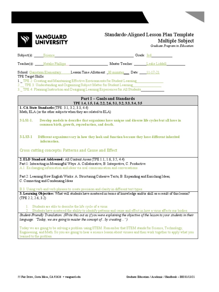 Standards Aligned Lesson Plan Template Multiple Subject Part I Goals