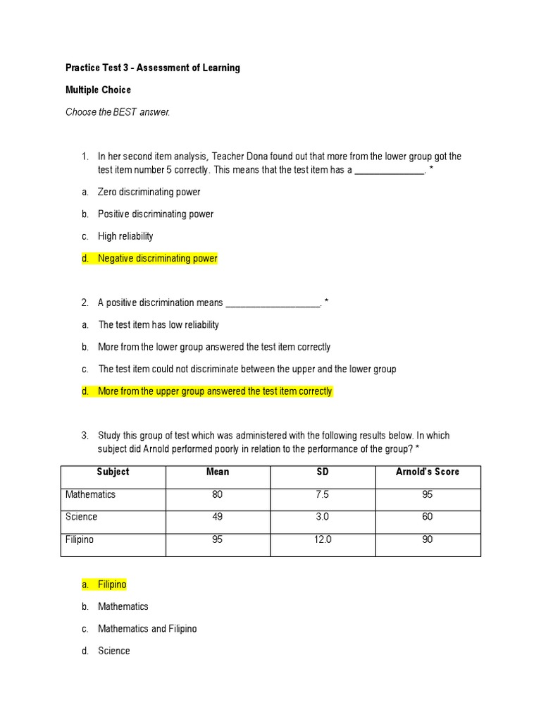 Choose The BEST Answer.: Practice Test 3 - Assessment of Learning ...