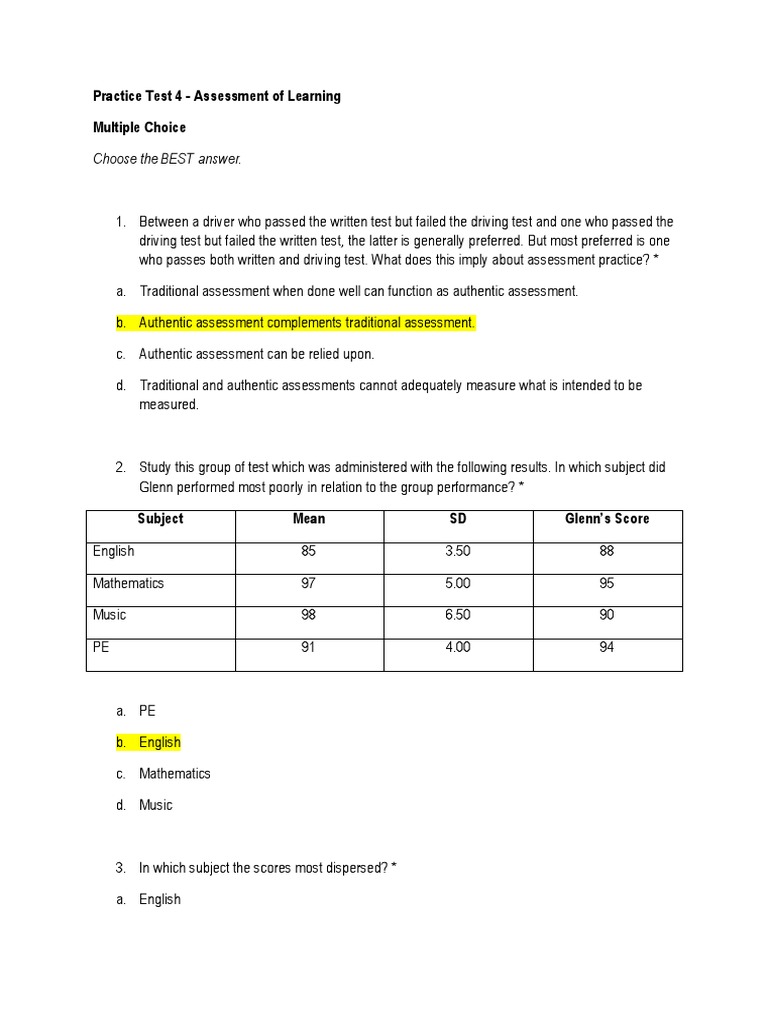 Choose The BEST Answer.: Practice Test 4 - Assessment of Learning ...