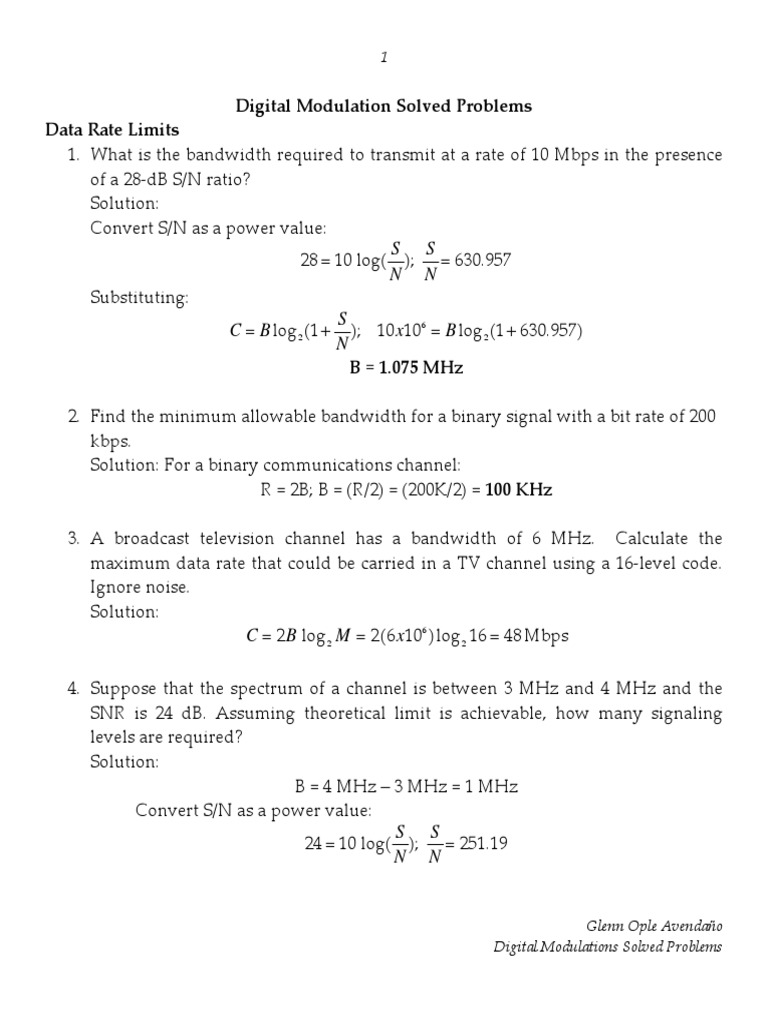 Digital Modulation Solved Problems Data Rate Limits: N S N S | PDF ...