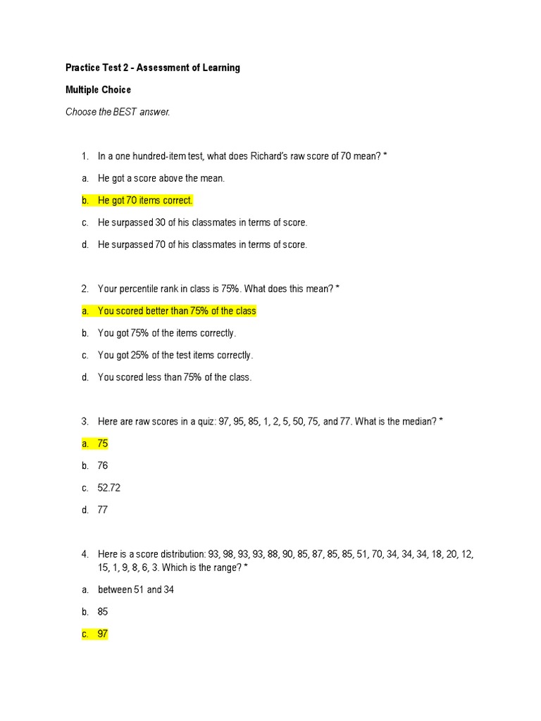 Assessment of Learning Practice Test 2 | PDF | Mean | Mode (Statistics)