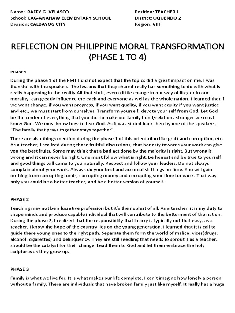Reflection On Philippine Moral Transformation (Phase 1 To 4) | PDF