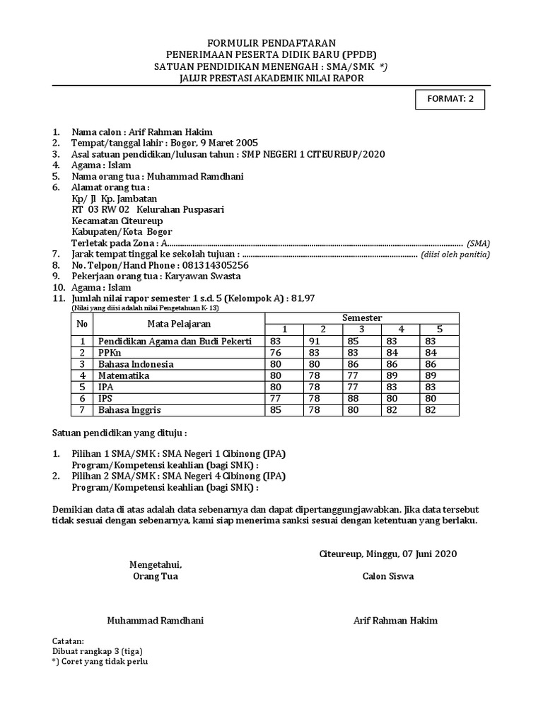 Formulir PPDB Jalur Prestasi SMA | PDF
