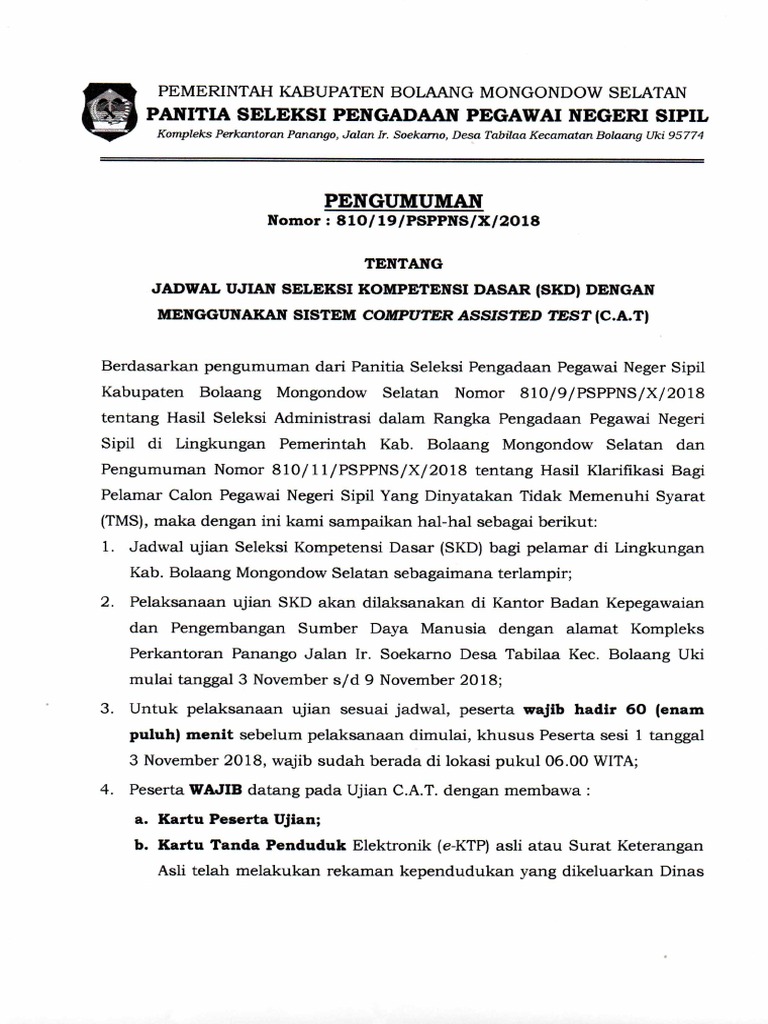 pgm094 - Pengumuman Jadwal Ujian Seleksi Kompetensi Dasar SDK | PDF