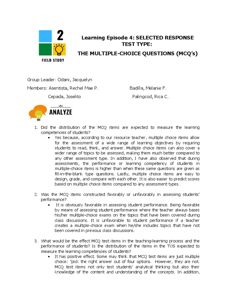 Learning Episode 4: SELECTED RESPONSE TEST TYPE: THE MULTIPLE-CHOICE ...