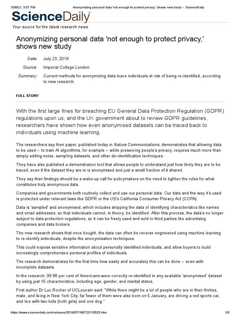 Anonymizing Personal Data 'Not Enough To Protect Privacy,' Shows New ...
