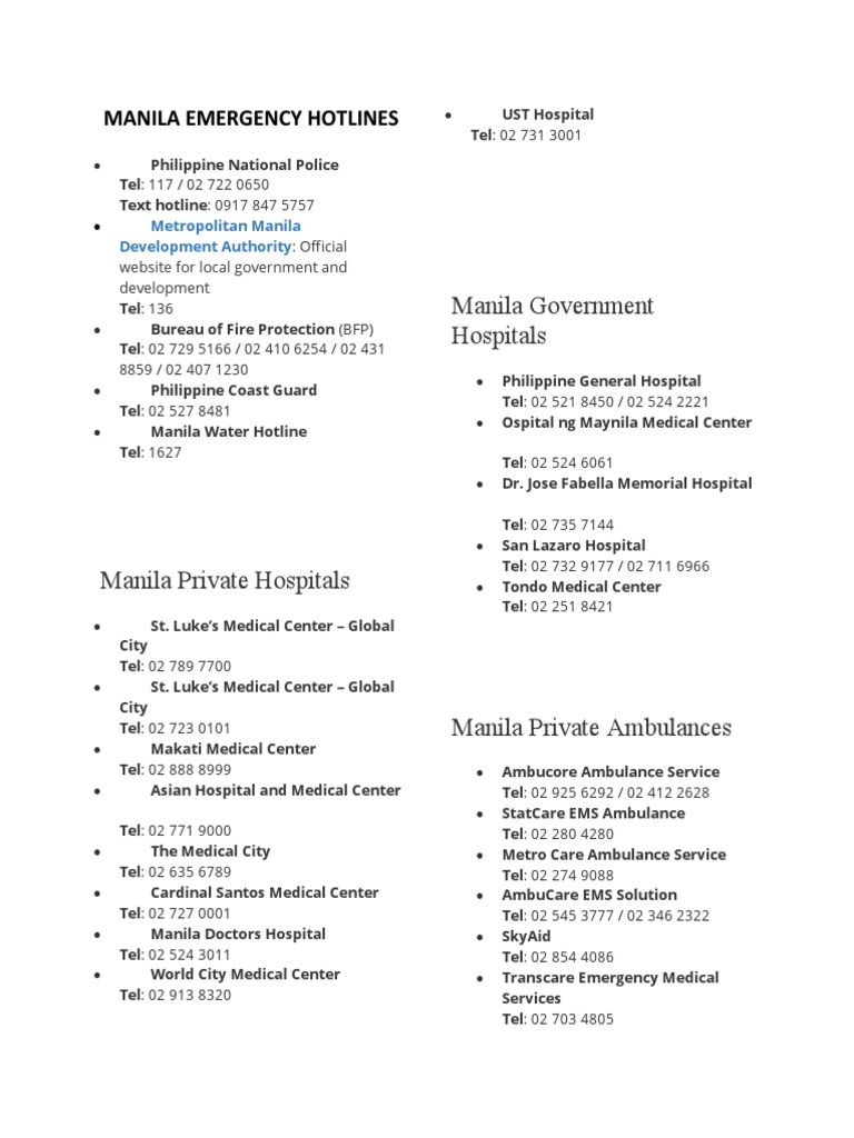 Manila Emergency Hotlines | PDF | Manila | Emergency Medical Services