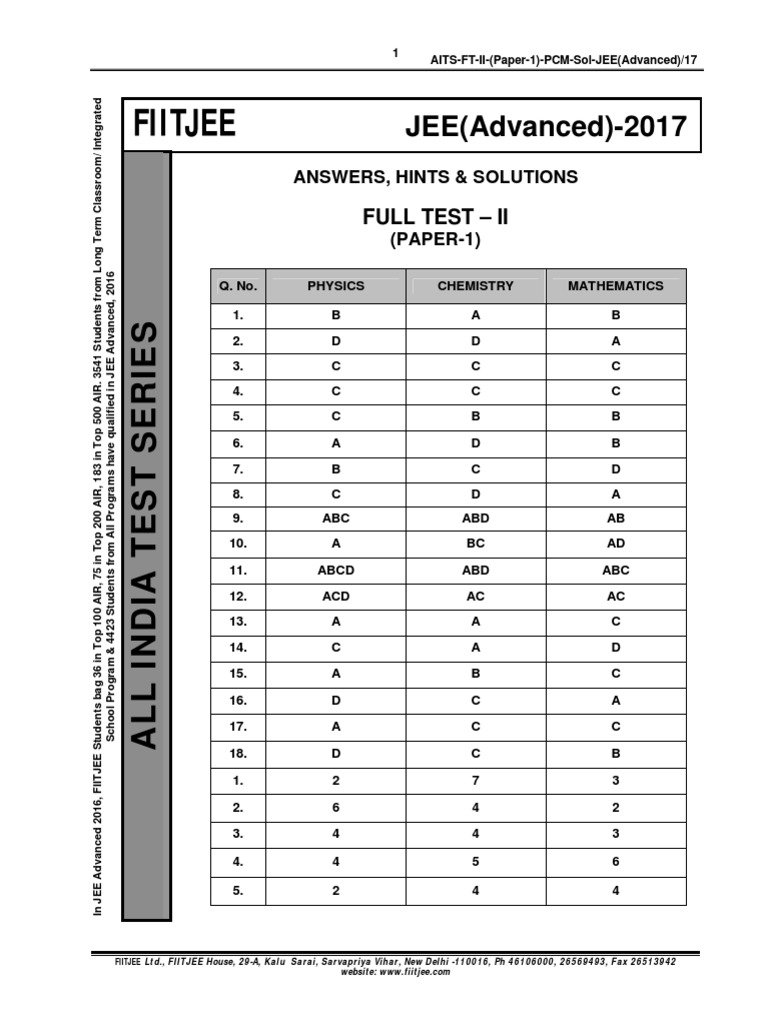 JEE Advanced Full Test 1 Paper 2 Answers | PDF