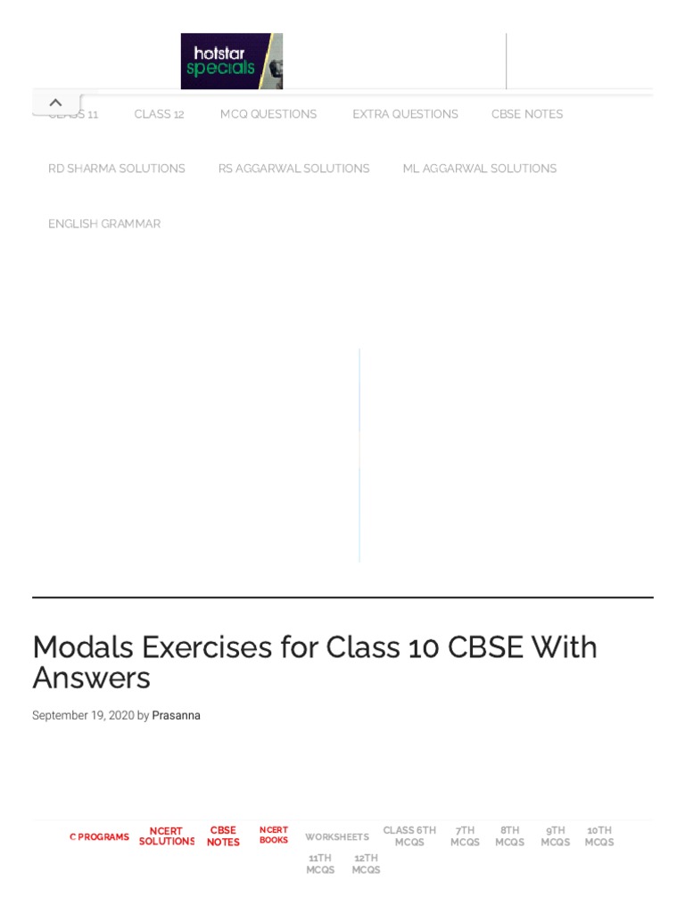 Modals Exercises For Class 10 CBSE With Answers | PDF | Verb | Multiple ...