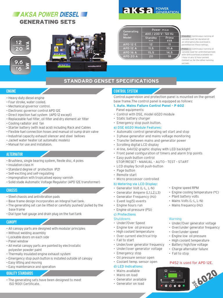 Generating Sets: Standard Genset Specifications | PDF | Mains ...