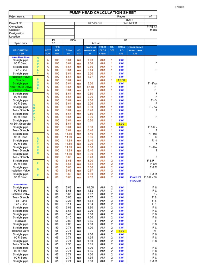 Pump Head Calculation Sheet: S U P P L Y P U M P | PDF | Pump | Building Engineering