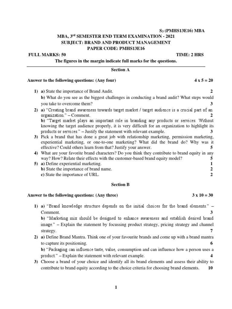 MBA 3rd Semester Question - Brand & Product Management - December 2021 ...