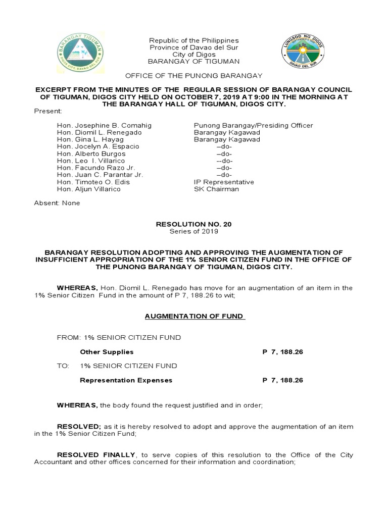 Barangay Resolution for Fund Augmentation | PDF | Government | Philippines
