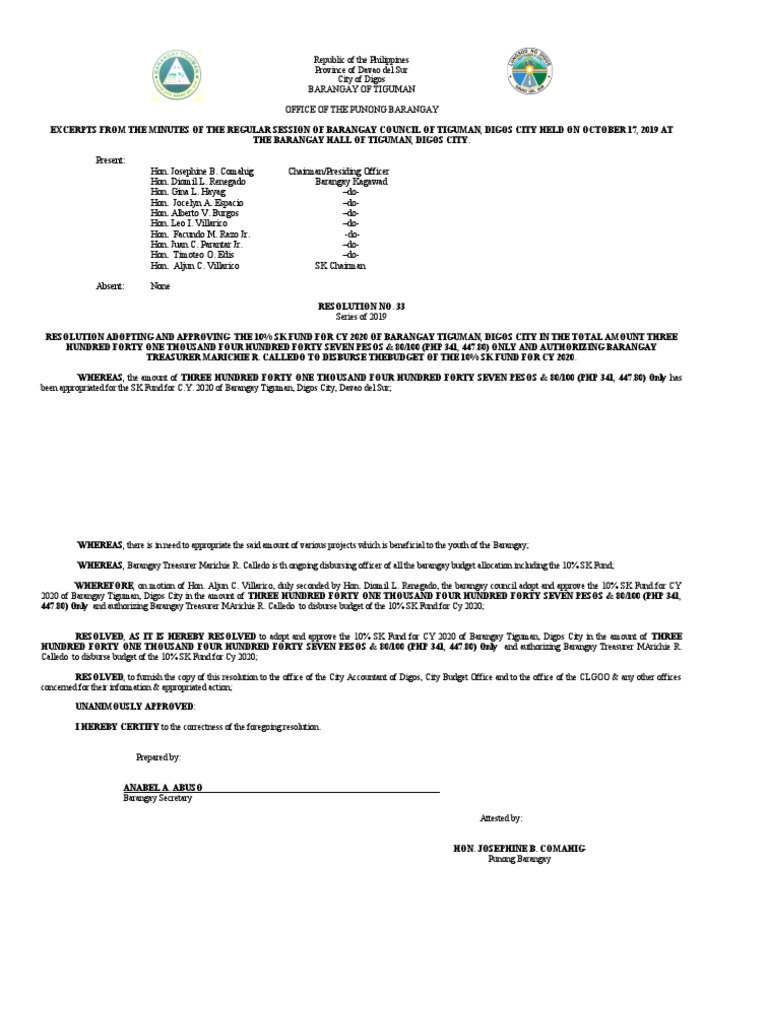 33 Resolution (Annual Budget 10% SK Fund 2020) | PDF | Philippines | Economies