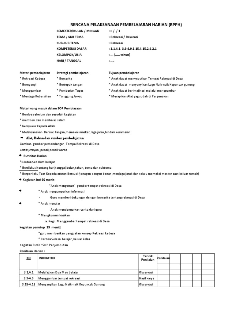 Contoh Rencana Pelaksanaan Pembelajaran Harian (RPPH) | PDF