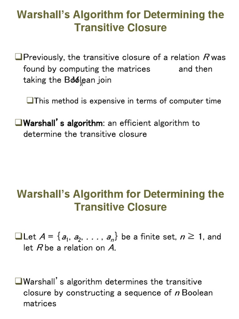 Warshall's Algorithm For Determining The Transitive Closure | PDF | Integer | Matrix (Mathematics)