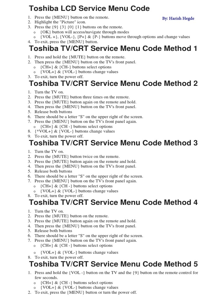Toshiba LCD Service Menu Code | PDF