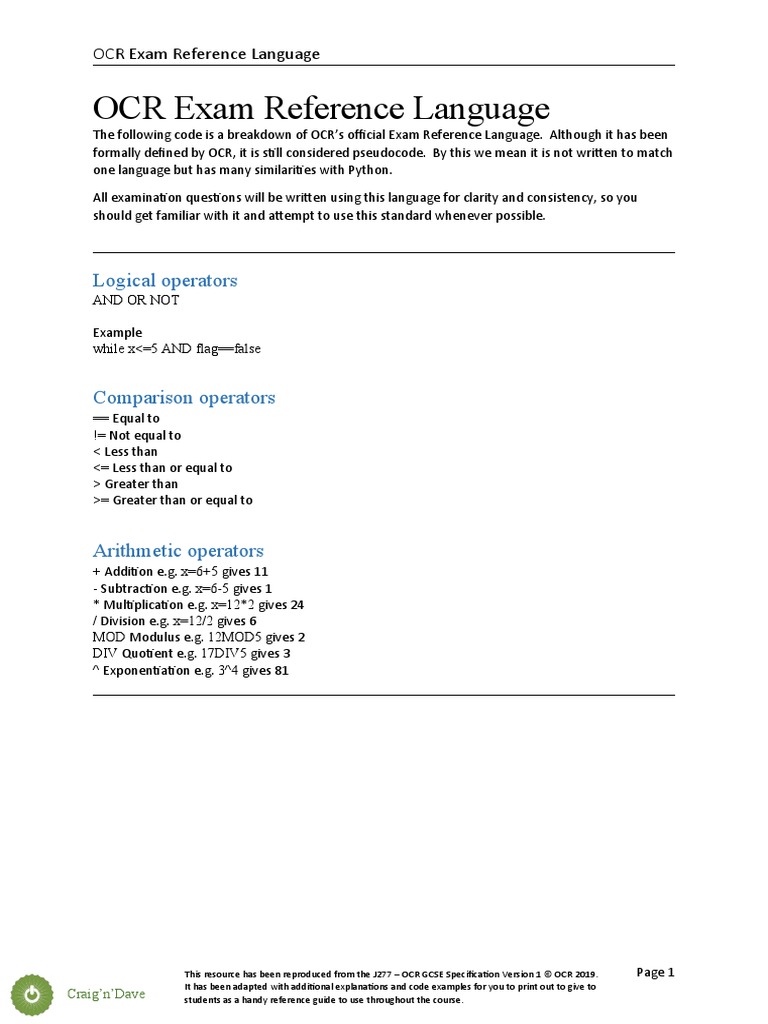 OCR Reference Language Guide Cheat Sheet | Download Free PDF | Subroutine | Variable (Computer ...
