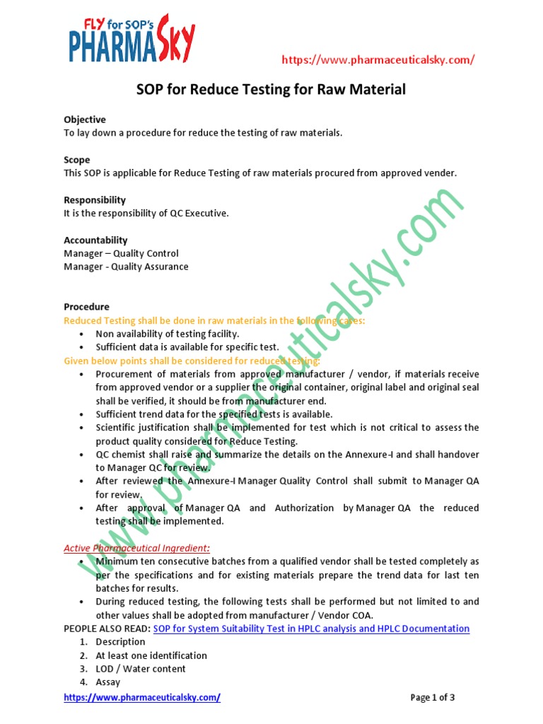 SOP For Reduce Testing For Raw Material | PDF | Specification ...
