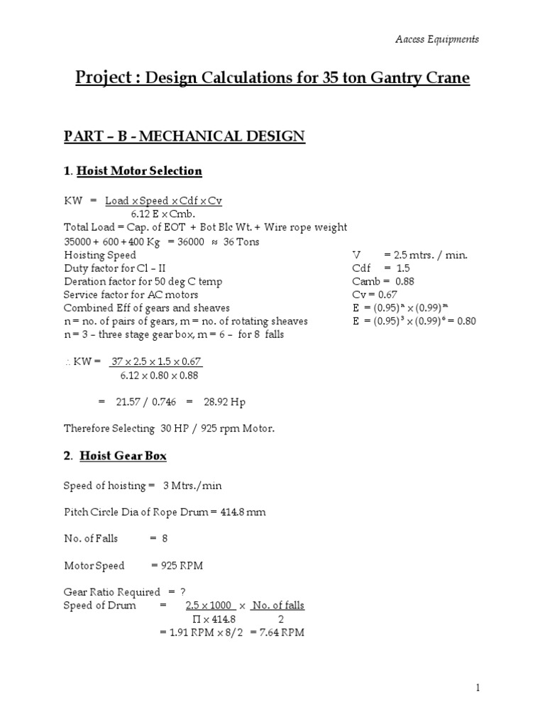 Project:: Design Calculations For 35 Ton Gantry Crane | PDF | Electric ...