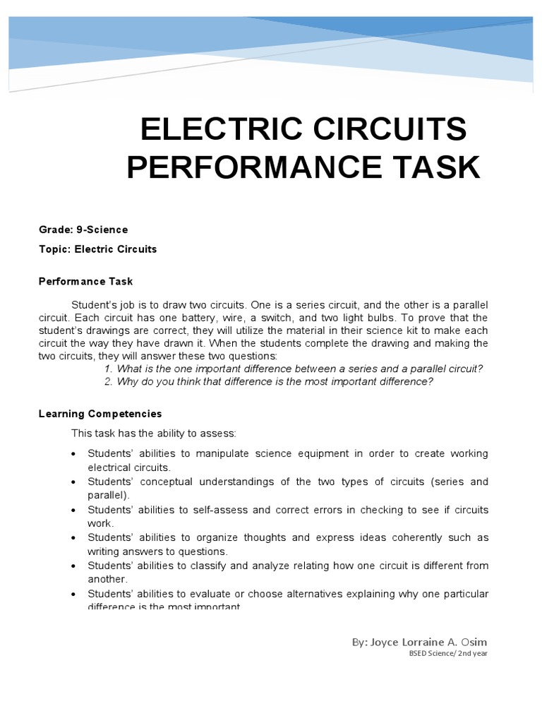 Electric Circuits Performance Task Analyzes Series vs Parallel | PDF ...